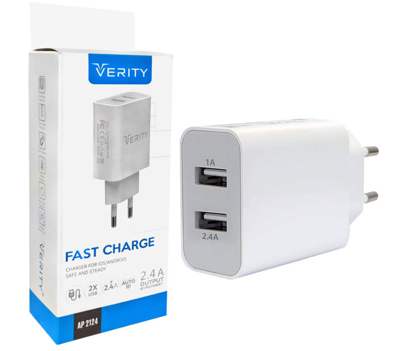 شارژر دیواری فست شارژ Verity AP2124 2Port 2.4A + کابل میکرو یو اس بی - تکوک